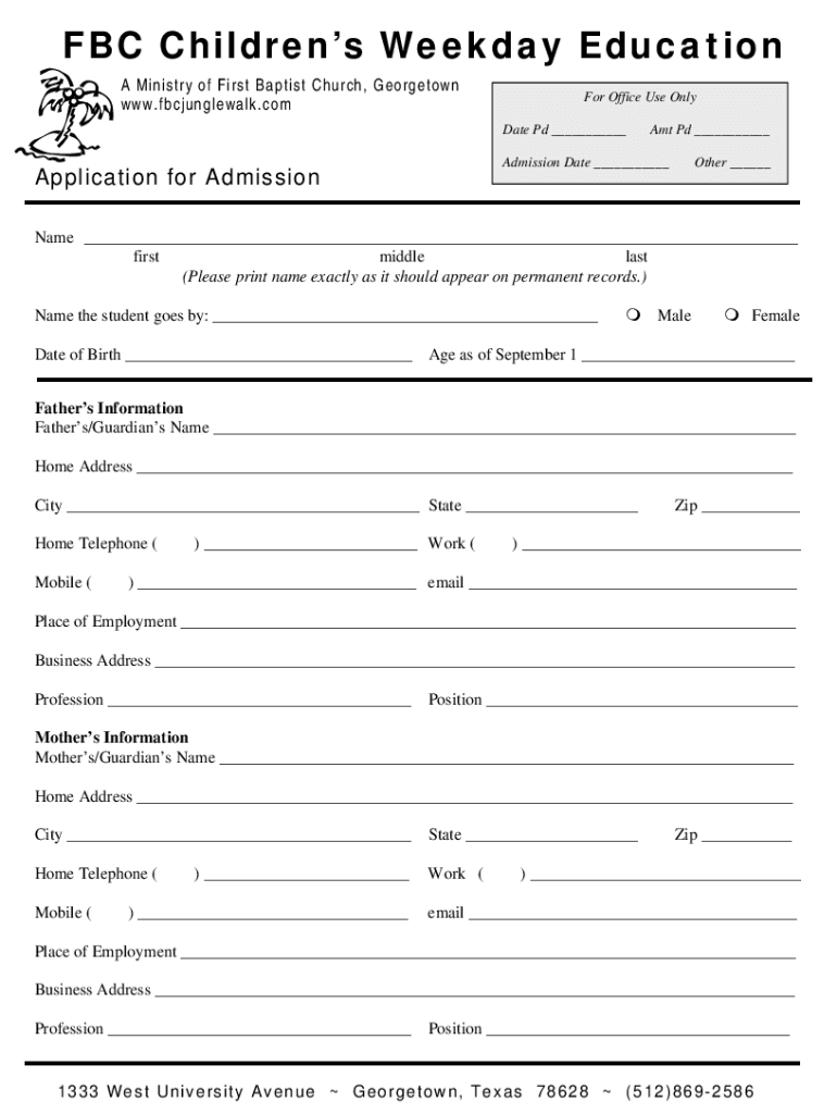 Fillable Online Forms First Baptist Church Children 's Weekday ...