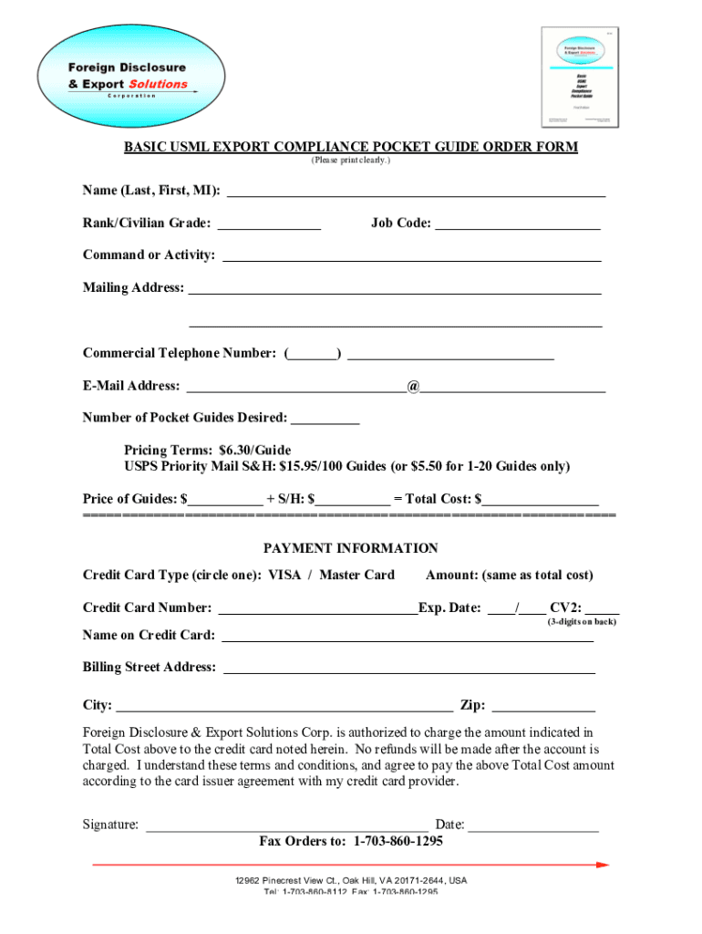 Fillable Online BASIC USML EXPORT COMPLIANCE POCKET GUIDE ORDER FORM ...