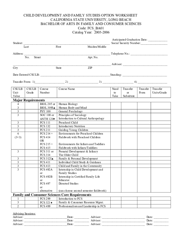 Fillable Online www2 csulb CHILD DEVELOPMENT AND FAMILY STUDIES OPTION ...