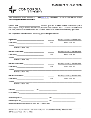 Fillable Online transcript release form - Concordia University Irvine Fax Email Print - pdfFiller
