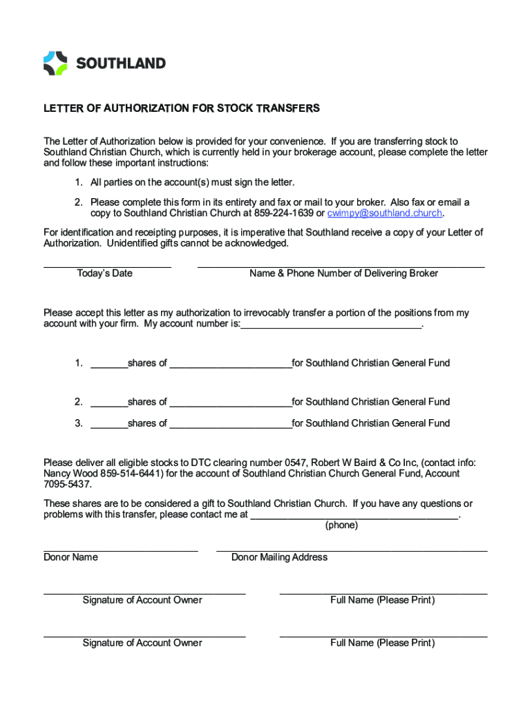 Fillable Online LETTER OF AUTHORIZATION FOR STOCK TRANSFERS Dec 2019 ...