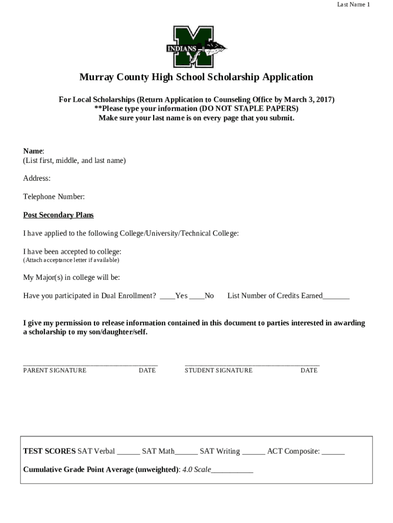 Murray County High School Scholarship Application - images - images pcmac Doc Template | pdfFiller