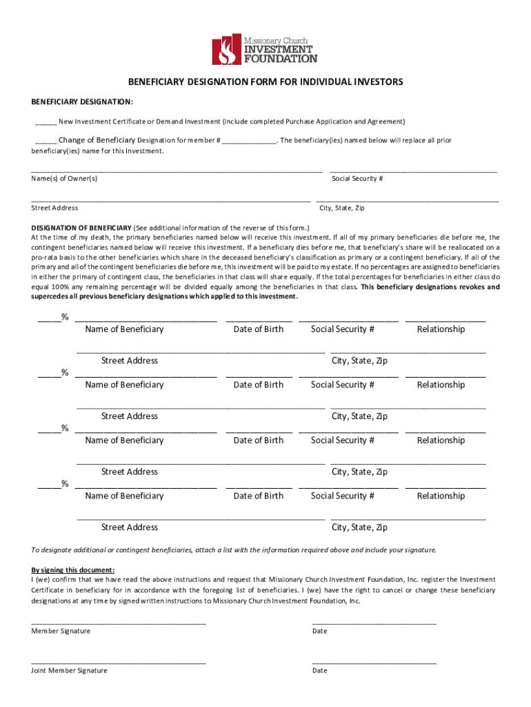 Fillable Online BENEFICIARY DESIGNATION FORM FOR INDIVIDUAL INVESTORS ...