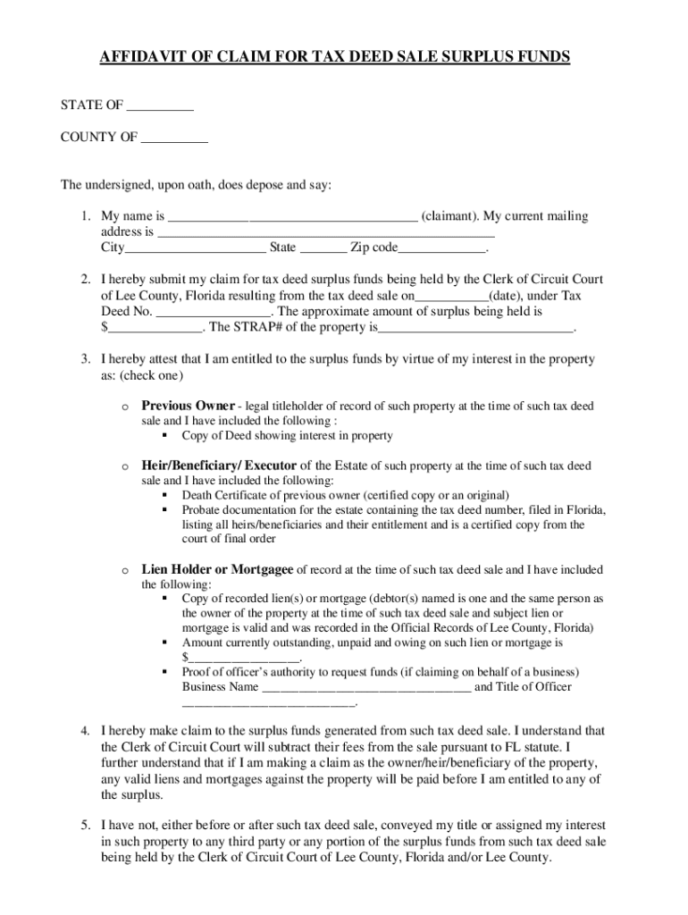 Fillable Online Affidavit Of Claim For Tax Deed Sale Surplus Funds Form ...