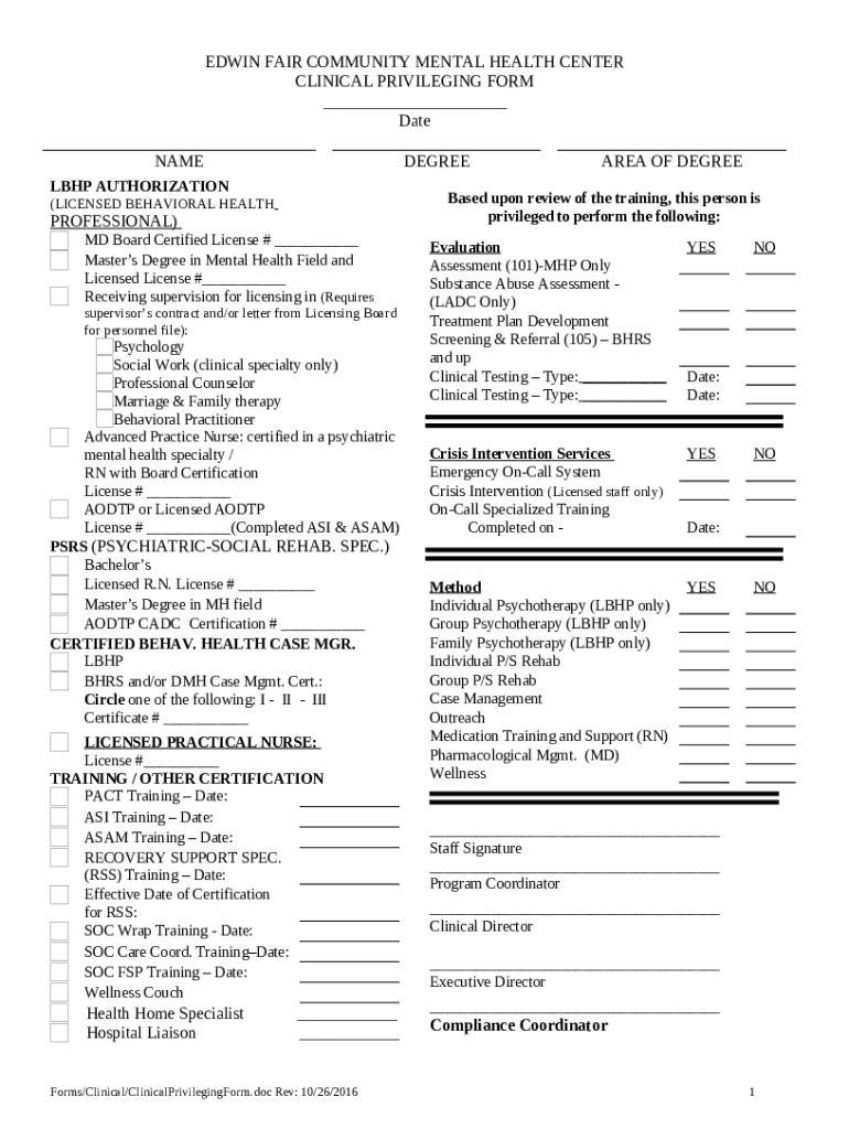 CLINICAL PRIVILEGING Doc Template | pdfFiller