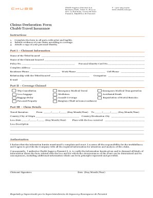 Fillable Online Claims Declaration Form Chubb Travel Insurance Fax ...
