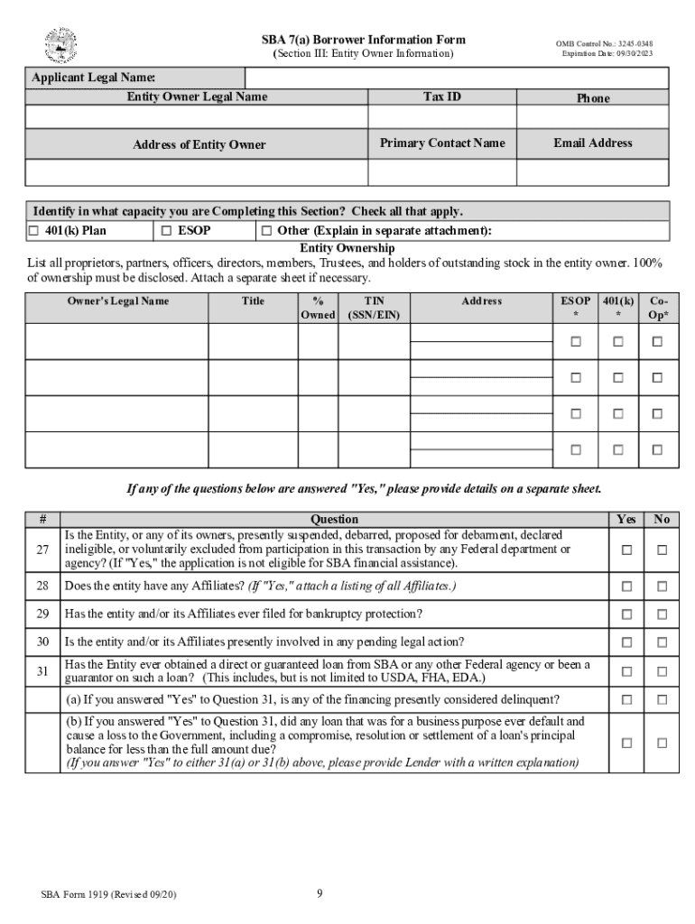 Fillable Online SBA Form 1919. SBA 7a Borrower Information Form Fax ...