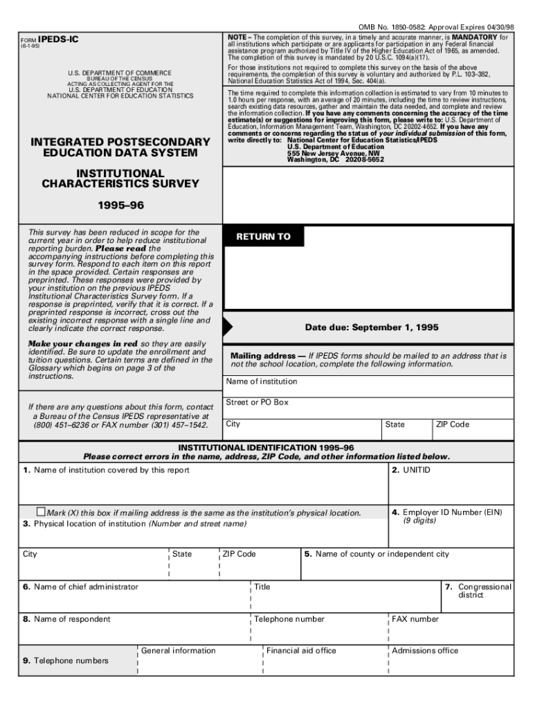 Fillable Online nces ed IPEDS Institutional Characteristics Survey, 1995-96. Chararcteristics ...