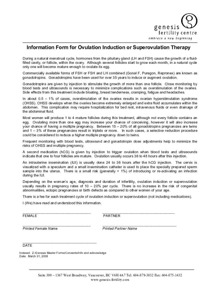 Fillable Online Consent for Ovulation Induction or Superovulation ...