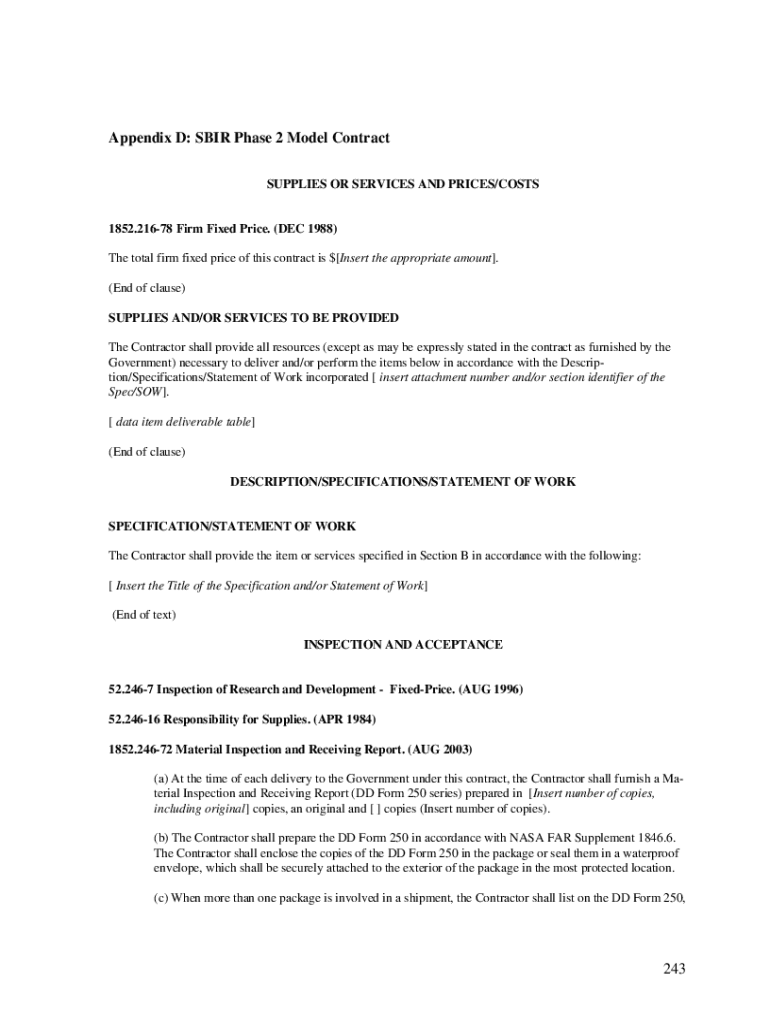 Fillable Online Appendix D: SBIR Phase 2 Model Contract - NASA Fax Email Print - pdfFiller