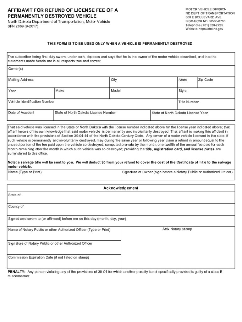Fillable Online dot nd AFFIDAVIT OF NON-RECEIPT MOTOR VEHICLE DIVISION ...