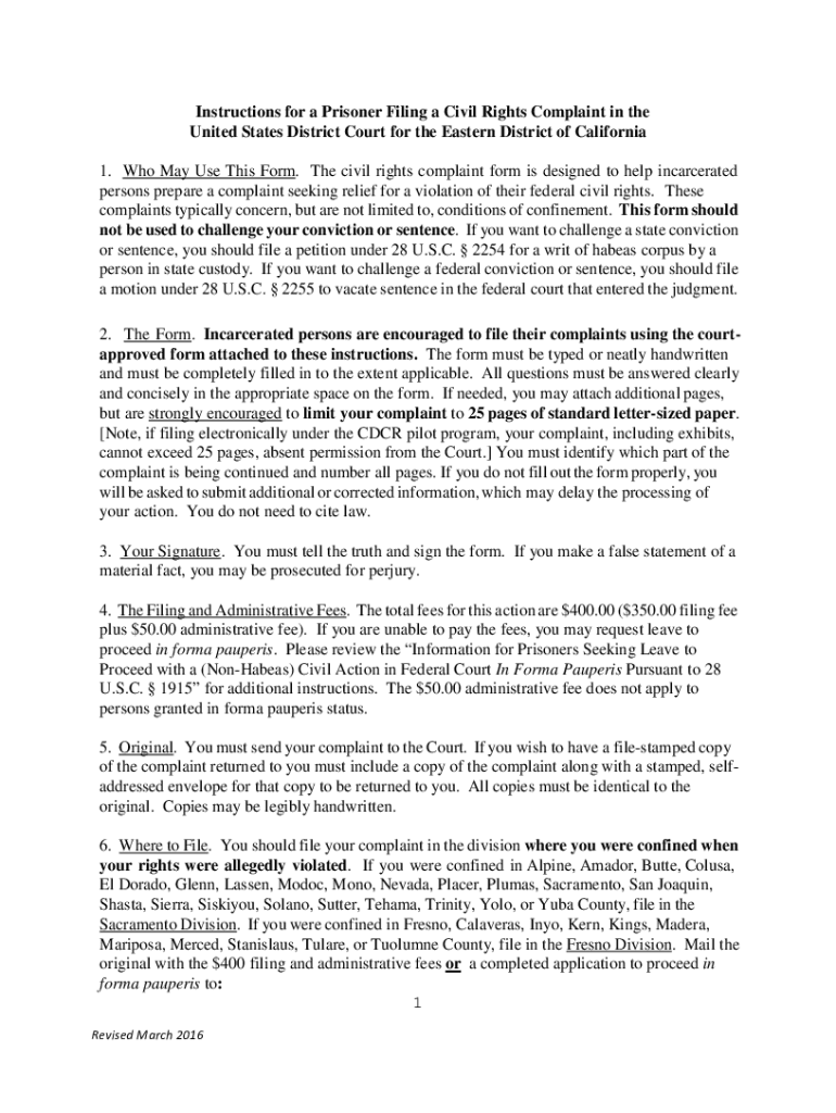 Fillable Online Instructions for a Prisoner Filing a Civil Rights ...