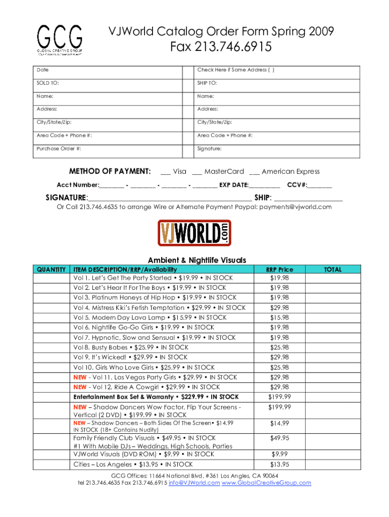 Fillable Online VJWorld 09 Cat Order Form.doc Fax Email Print - pdfFiller