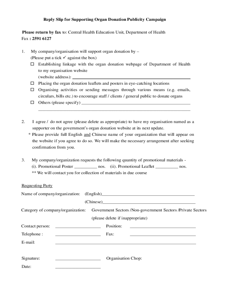 Fillable Online Reply Slip Supporting Organ Donation Publicity Campaign ...