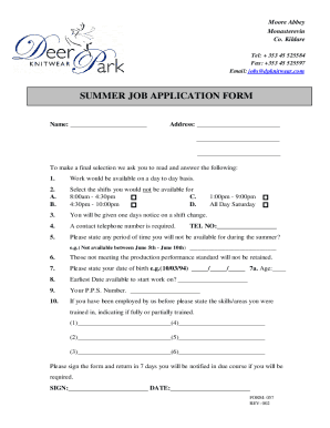 Fillable Online SUMMER JOB APPLICATION FORM - Deer Park Schoolwear Fax ...