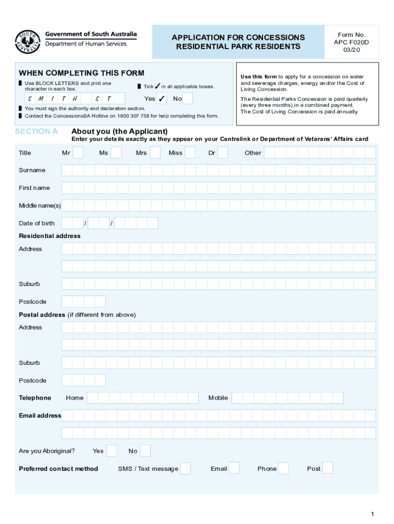 Fillable Online Application for concessions for residential park ...