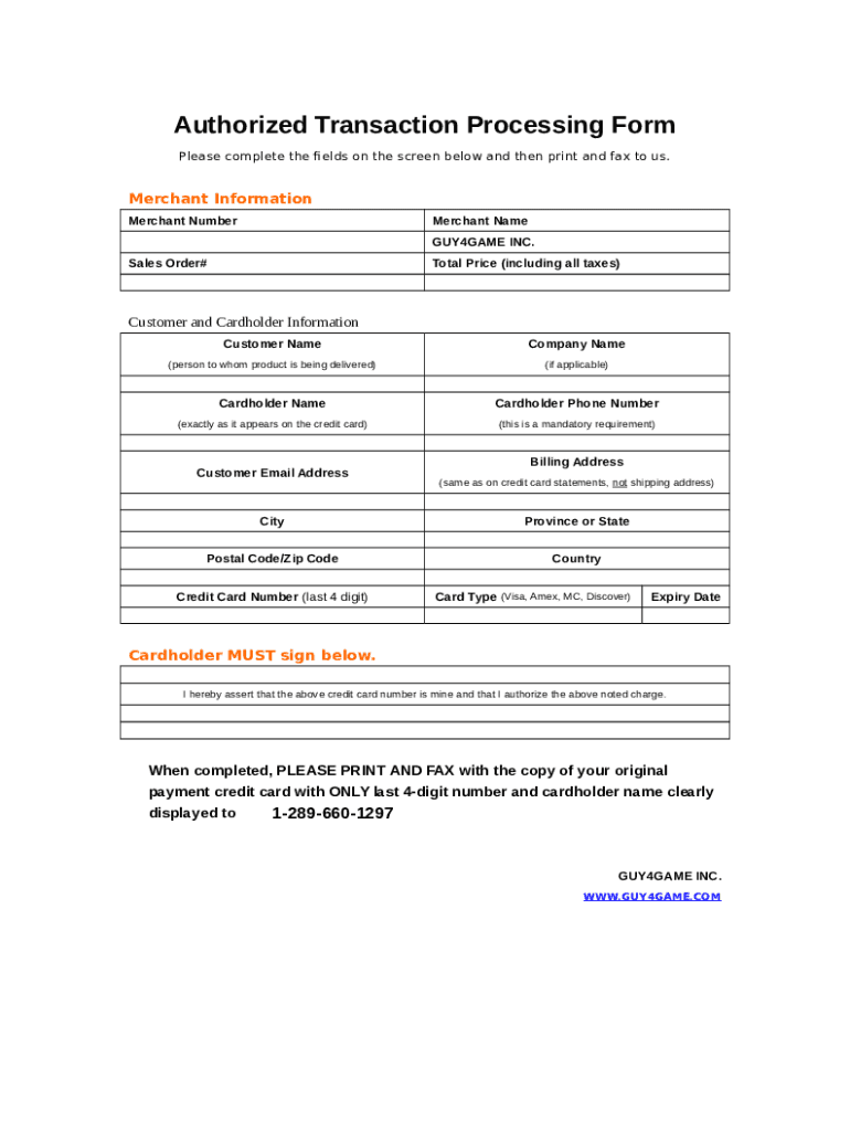 Authorized Transaction Processing Doc Template | pdfFiller