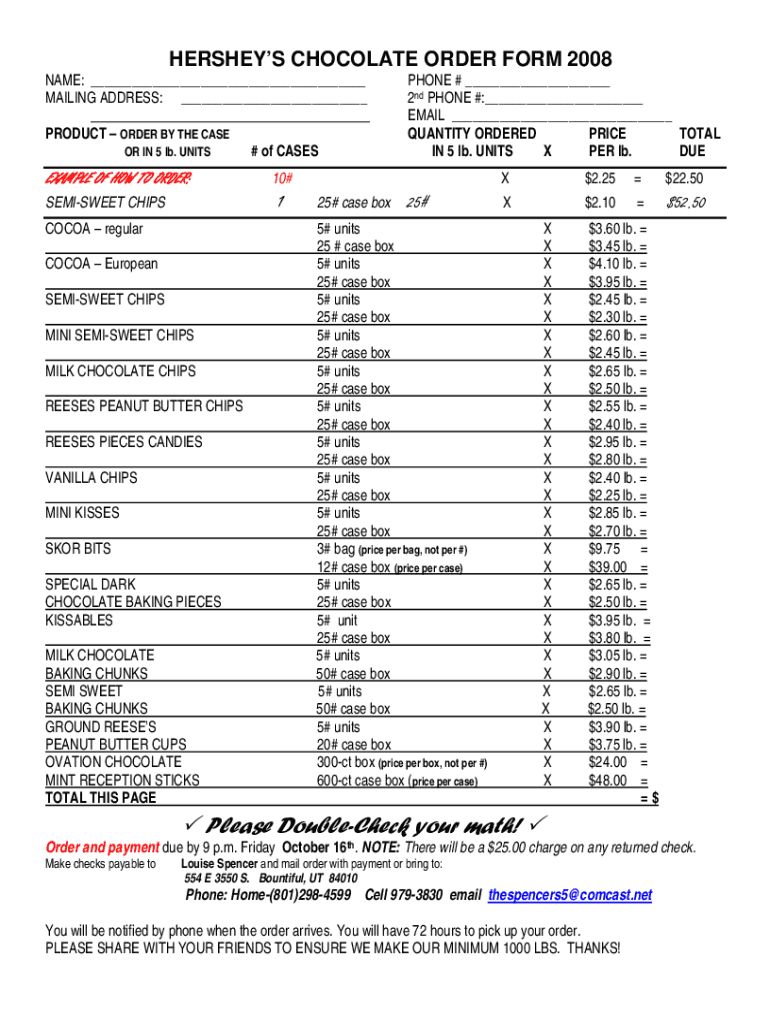 Fillable Online Hersheys Chocolate Order Form 2009.doc Fax Email Print ...