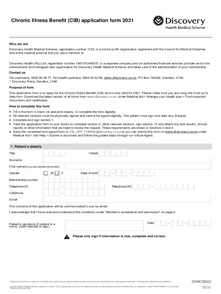 Fillable Online Chronic Illness Benefit (CIB) application form 2021 Fax ...