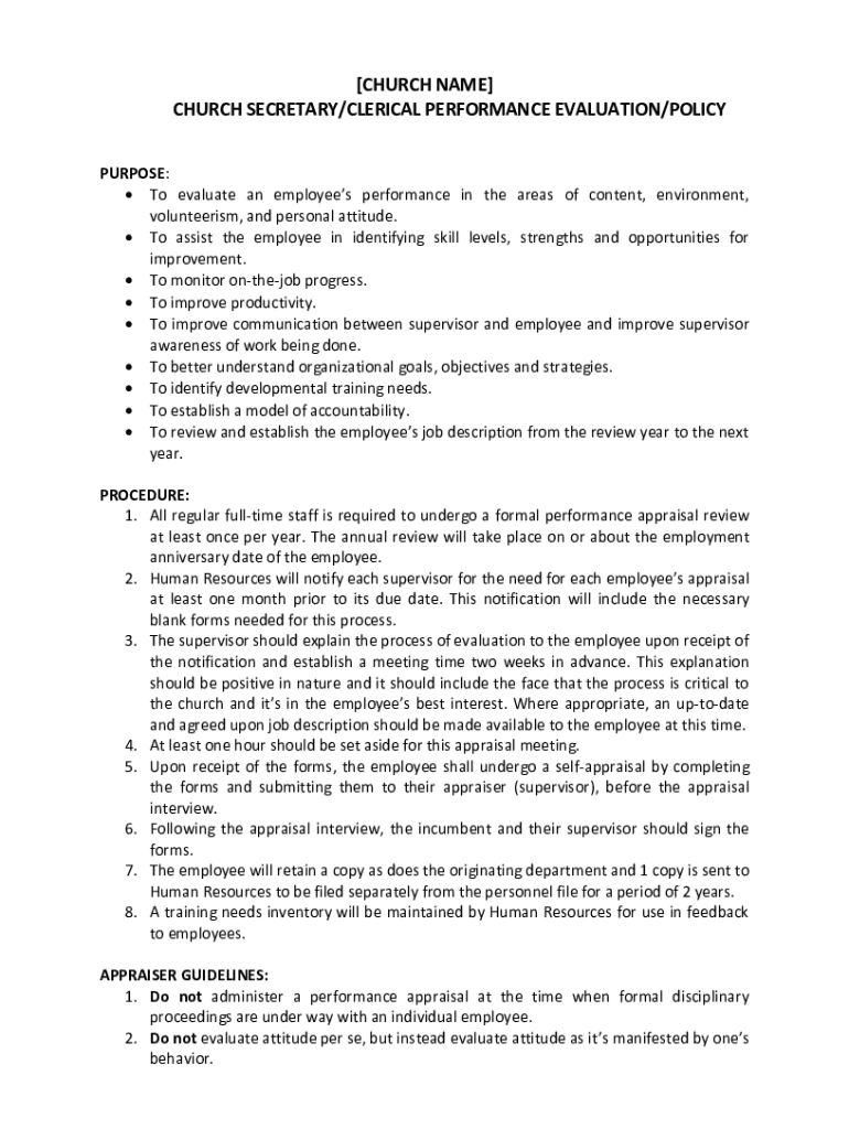 Fillable Online Church Secretary Evaluation Form & Policy (Sample) Fax ...
