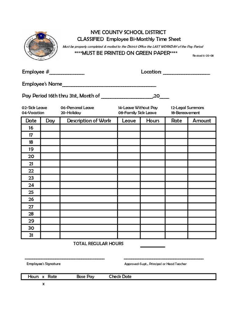 Fillable Online images pcmac NYE COUNTY SCHOOL DISTRICT Employee Semi-Monthly Time Sheet Fax ...