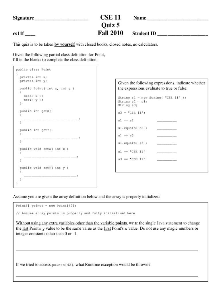 Fillable Online cseweb ucsd Signature CSE 11 Quiz 5 - University of ...