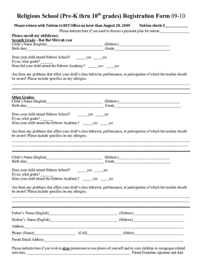 Fillable Online Religious School Application For Enrollment Form ...