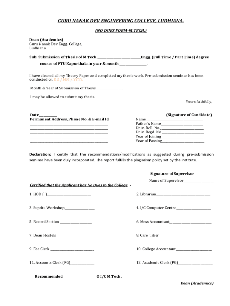 Fillable Online gndec ac (NO DUES FORM-M Fax Email Print - pdfFiller