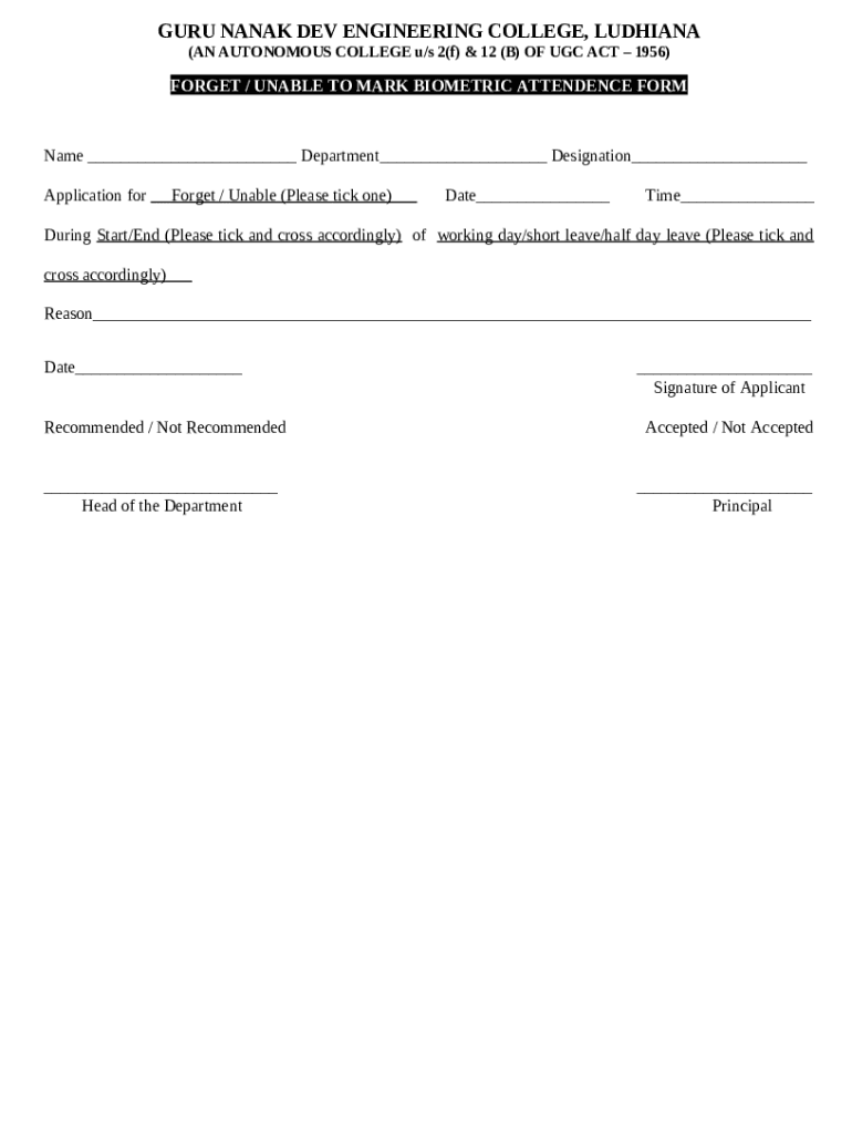 Fillable Online gndec ac FORGET / UNABLE TO MARK BIOMETRIC ATTENDENCE ...