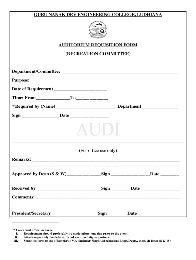 Fillable Online gndec ac GURU NANAK DEV ENGINEERING COLLEGE, LUDHIANA AUDITORIUM ... Fax Email ...
