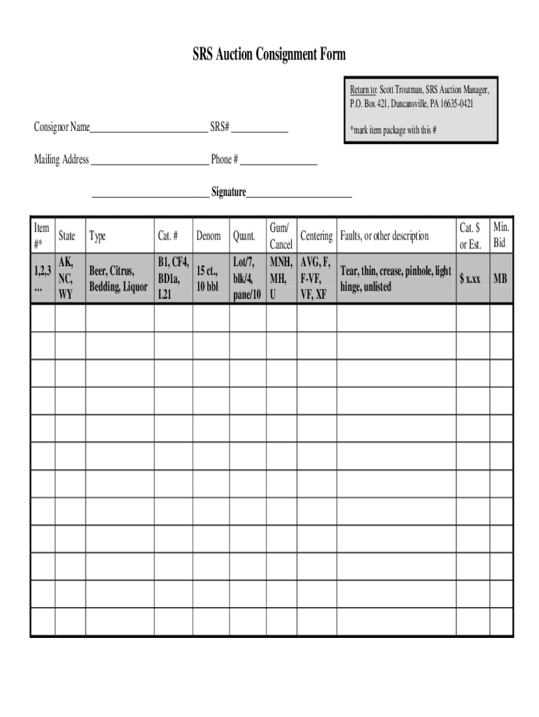 Fillable Online SRS Auction Consignment Form Fax Email Print - pdfFiller