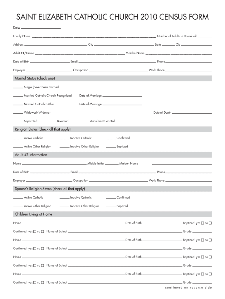 Fillable Online SAINT ELIZABETH CATHOLIC CHURCH 2010 CENSUS FORM Fax ...