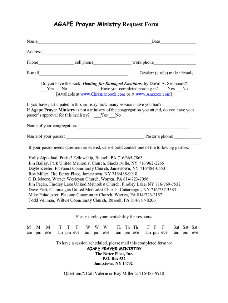 Fillable Online AGAPE Prayer Ministry Request Form - The Better Place ...