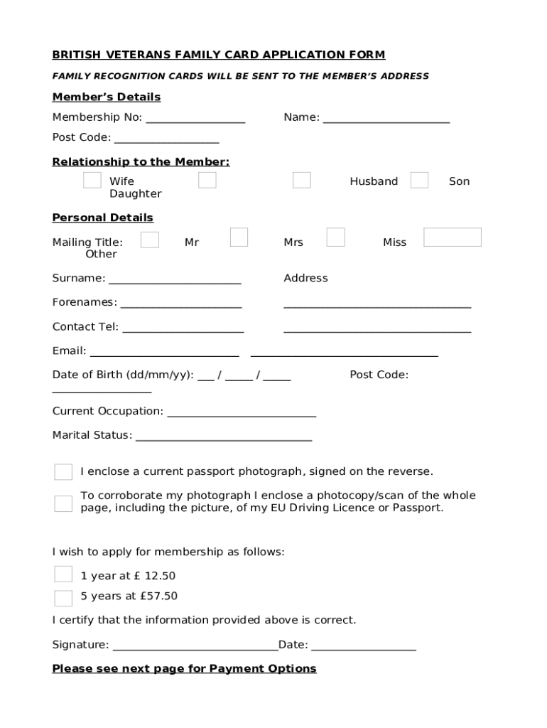 BRITISH VETERANS FAMILY CARD APPLICATION Doc Template | pdfFiller