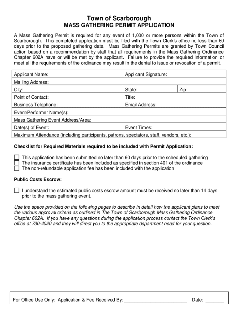Fillable Online Town of Scarborough MASS GATHERING PERMIT APPLICATION ...