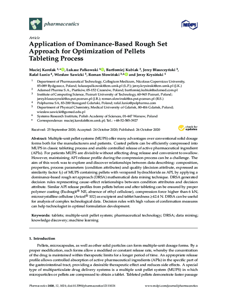 Fillable Online Application Of Dominance Based Rough Set Approach For Optimization Of Pellets