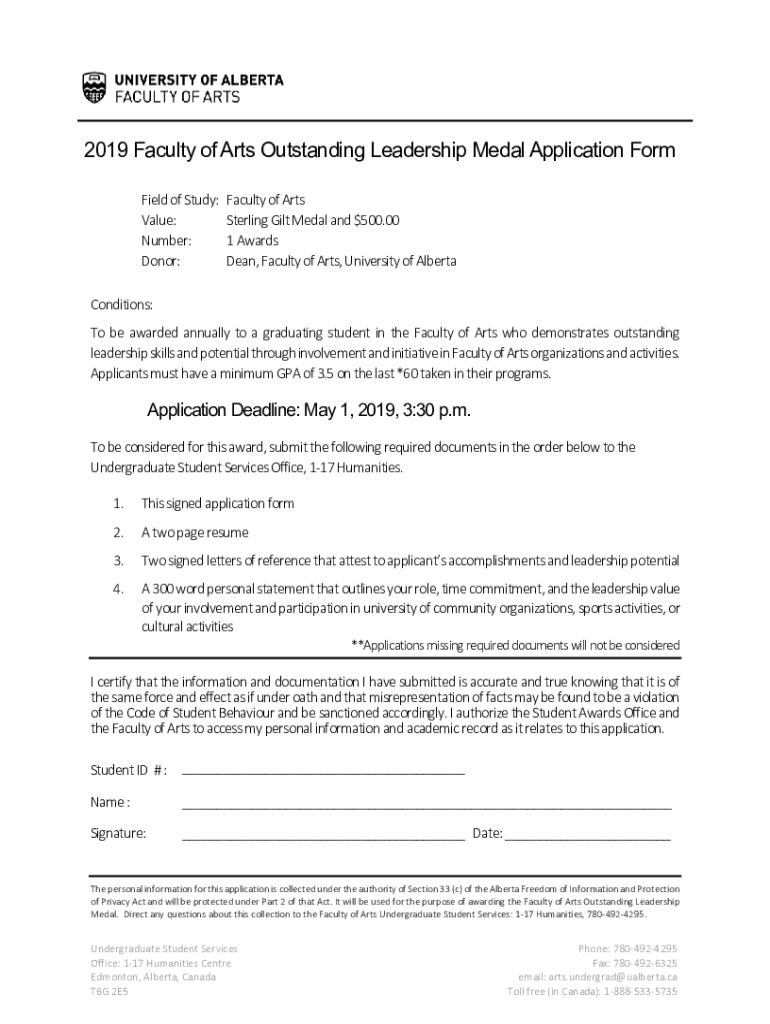 Fillable Online 2019 Faculty of Arts Outstanding Leadership Medal ...