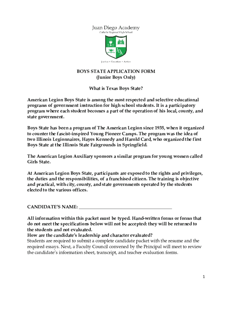 Fillable Online BOYS STATE APPLICATION FORM programs of government ...
