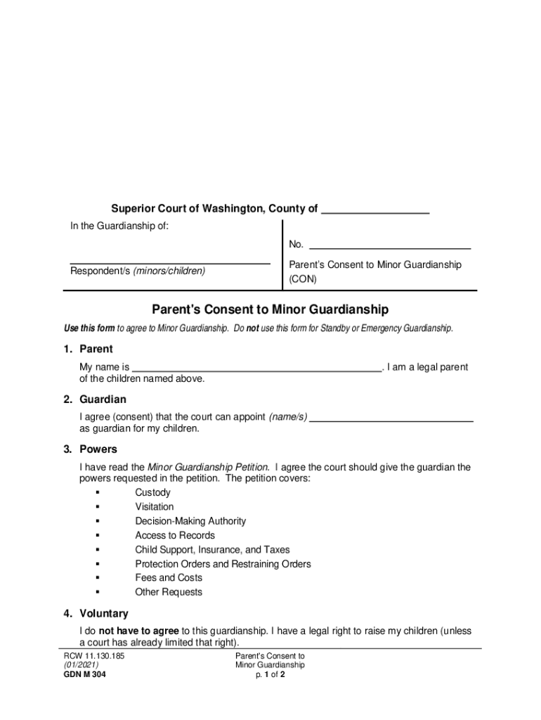 Fillable Online Parent's Consent to Minor Guardianship - Washington ...