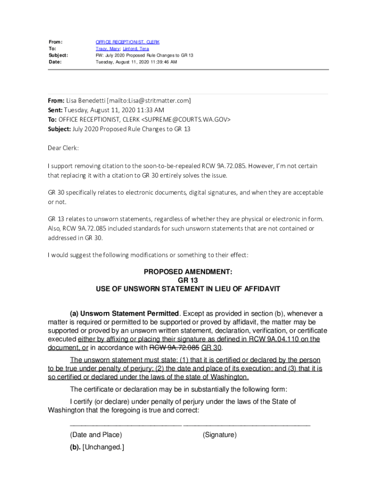 Fillable Online PROPOSED AMENDMENT: GR 13 USE OF UNSWORN STATEMENT IN ...
