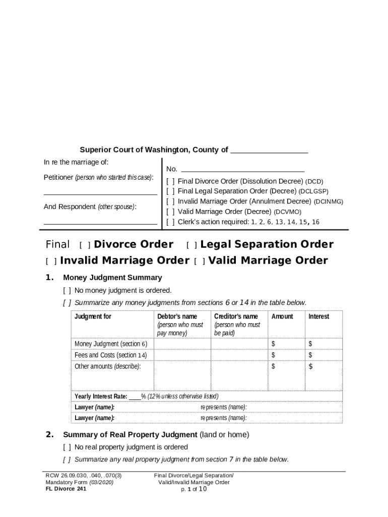 Final Divorce Order Legal Separation ... - Washington State Doc ...