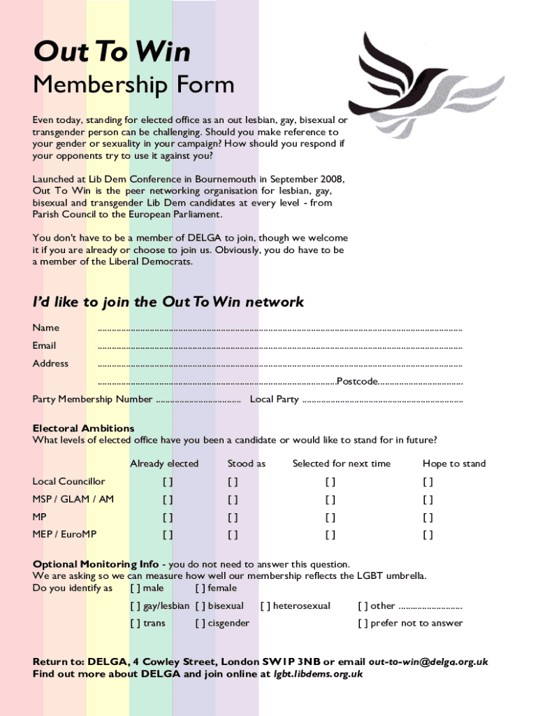 Fillable Online Out To Win membership form Fax Email Print - pdfFiller