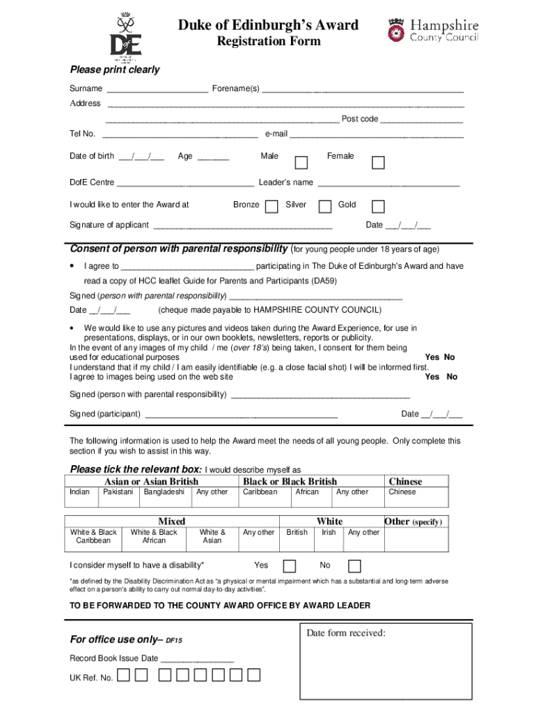 Fillable Online Duke of Edinburghs Award Registration Form Fax Email ...