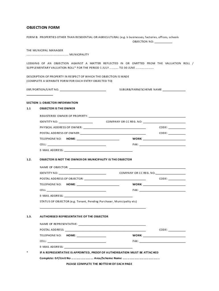 Fillable Online OBJECTION FORM B Fax Email Print - pdfFiller