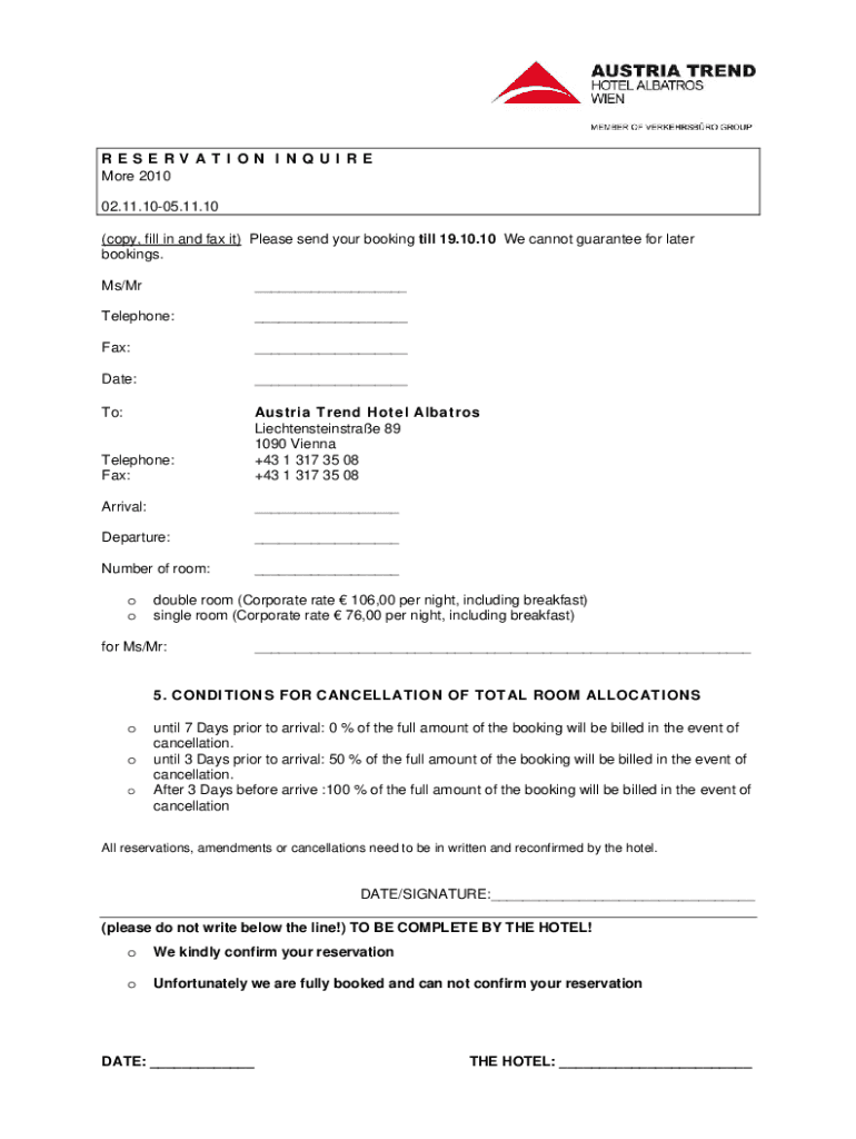 Fillable Online Sample enquiry letter for Hotel reservation Fax Email ...