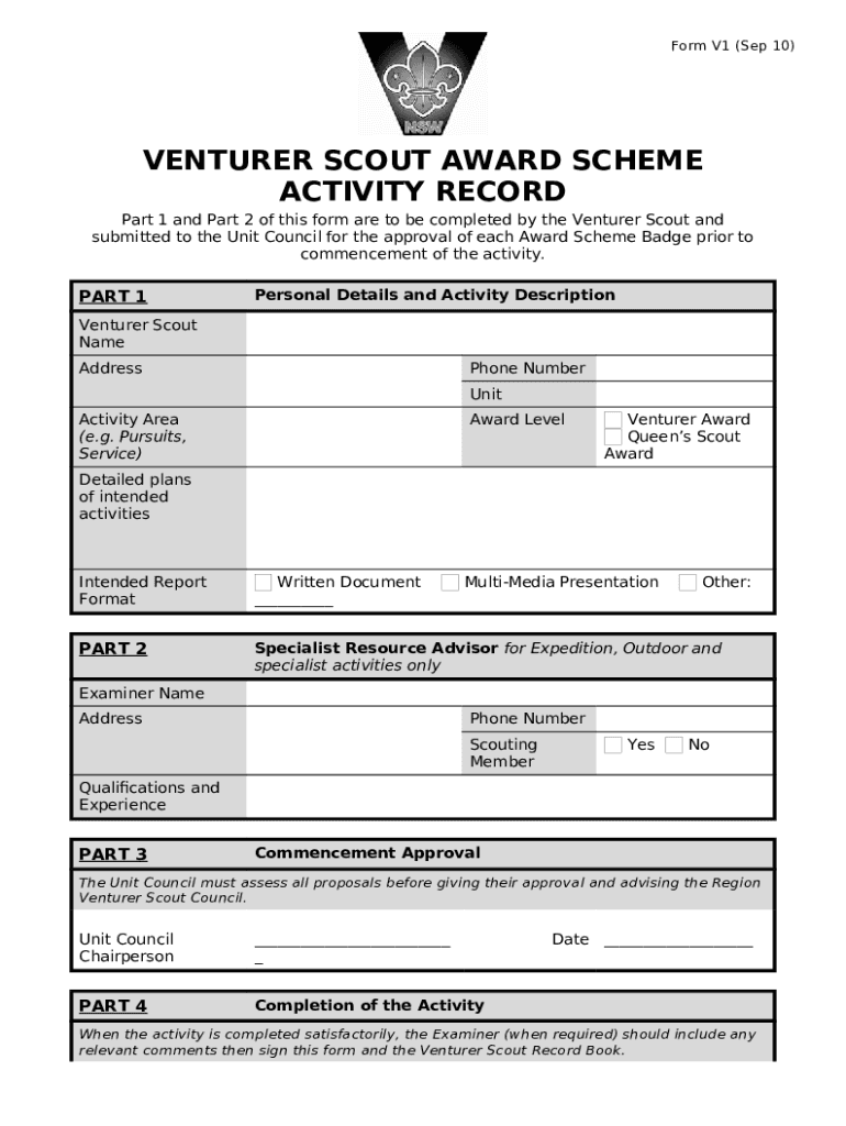 Part 1 and Part 2 of this are to be completed by the Venturer Scout and ...