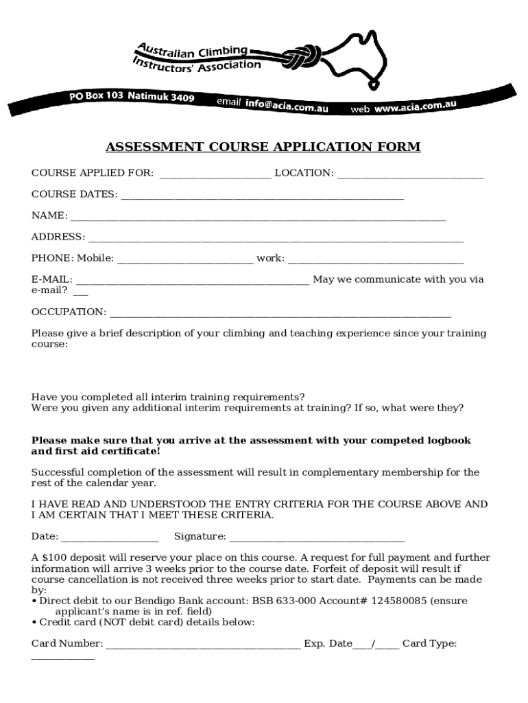 ASSESSMENT COURSE APPLICATION Doc Template | pdfFiller