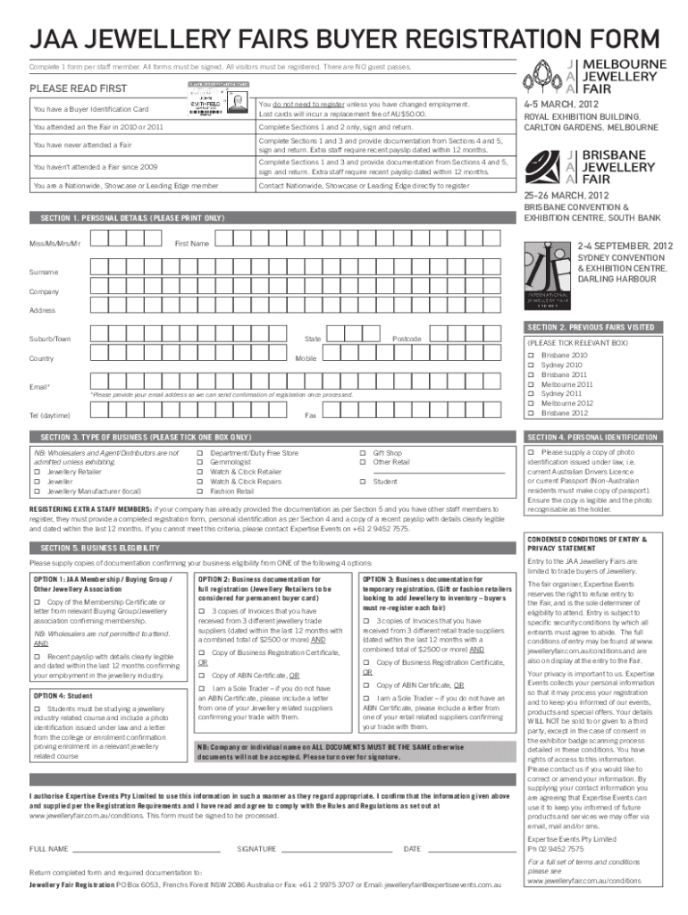 Fillable Online JAA JEWELLERY FAIRS BUYER REGISTRATION FORM Fax Email ...