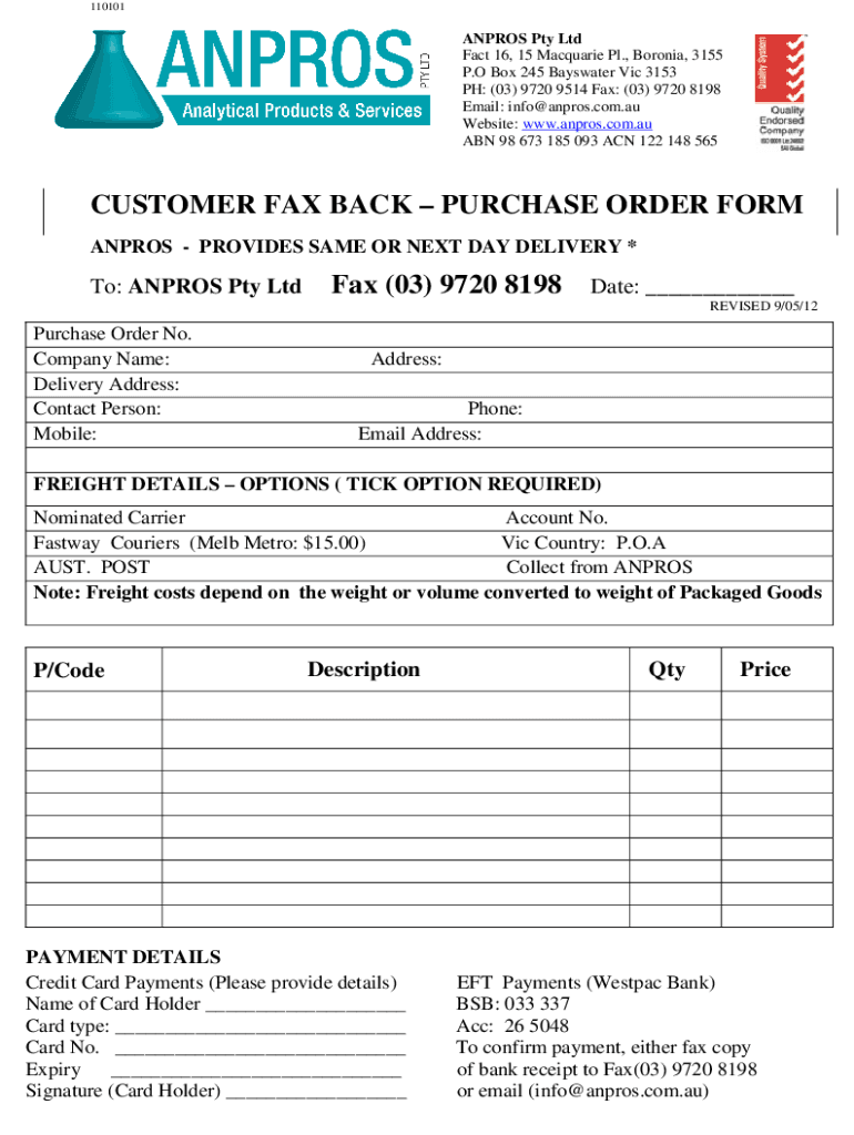 Fillable Online ANPROS-CUSTOMER FAX BACK - PURCHASE ORDER FORM 090512 ...