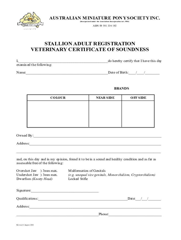 Fillable Online Stallion Adult Registration (Veterinary Certificate of ...